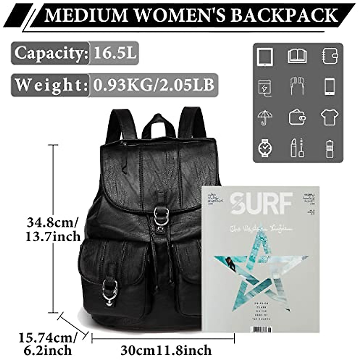 VASCHY Backpack Purse for Women, Fashion Faux Leather Buckle Flap Drawstring Backpack for College with Two Front Pockets Black