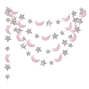 Moon and Star Garland Twinkle Twinkle Little Star of 2pcs Pink Silver Princess Birthday Party Decorations Pink Silver Moon Star Baby Shower Decorations 1st Birthday Garland Love You to the Moon