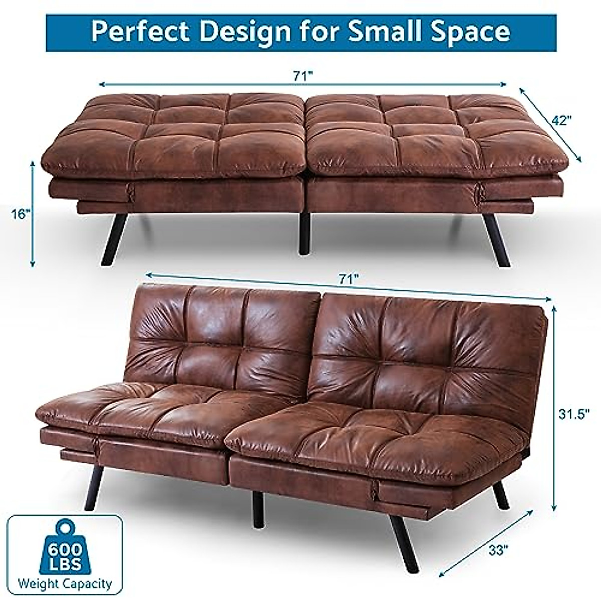 LIFERECORD Futon Sofa Bed Loveseat Sleeper Memory Foam with Adjustable Armrest&Backrest,Modern Convertible Couches for Living Room, Bedroom, Small Spaces, Brown