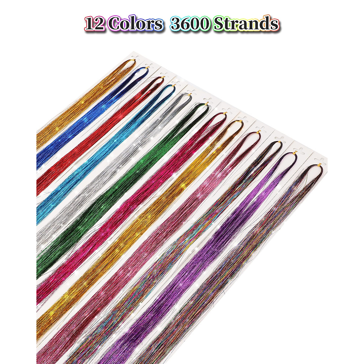 Hair Tinsel Kit Fairy Hair Tinsel Strands With Tools 47 Inches 12Colors 3600 Strands Glitter Sparkling Shiny Hair Extensions Heat Resistant Colorful Rainbow Holographic Hair Accessories for Christmas New Year or Cosplay Party