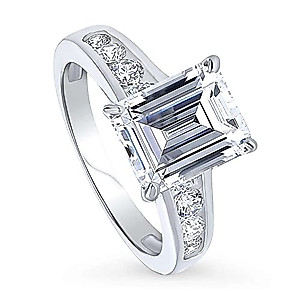 BERRICLE Sterling Silver Solitaire Wedding Engagement Rings 3.8 Carat Emerald Cut Cubic Zirconia CZ Cocktail Promise Ring for Women, Rhodium Plated Size 7