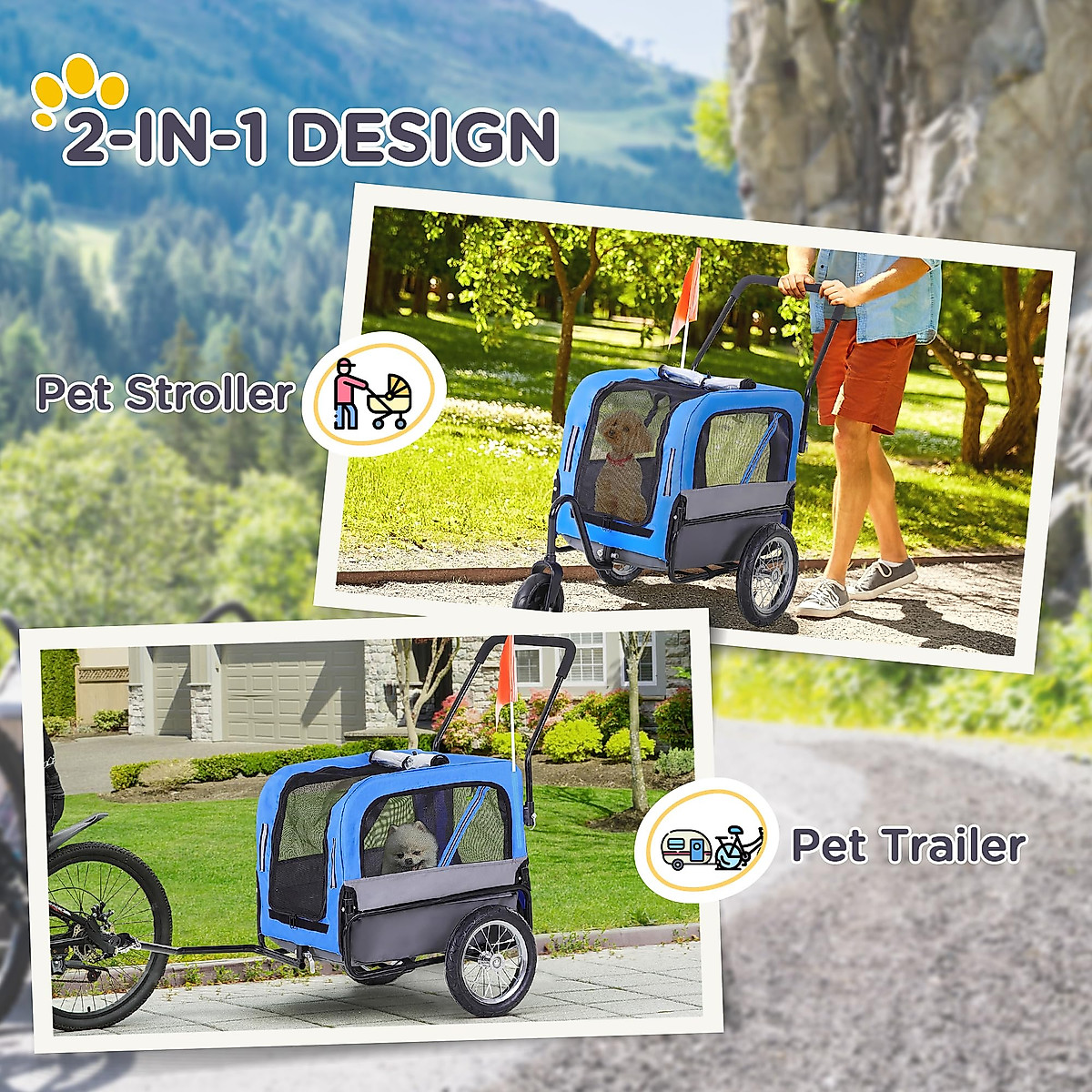 Aosom 2-in-1 Small Dog Bike Trailer and Bike Stroller with Hitch, Bicycle Trailer Sidecar Bike Wagon Cart Carrier Attachment for Travel, Blue