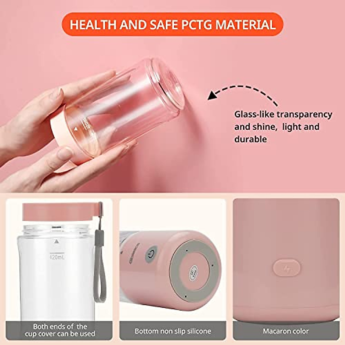 Gbasics Portable Blender USB Rechargeable, Personal Size Blender for Shakes and Smoothies, 14.2 Oz Mini Juicer Cup for Sports, Travel Outdoors and Kitchen