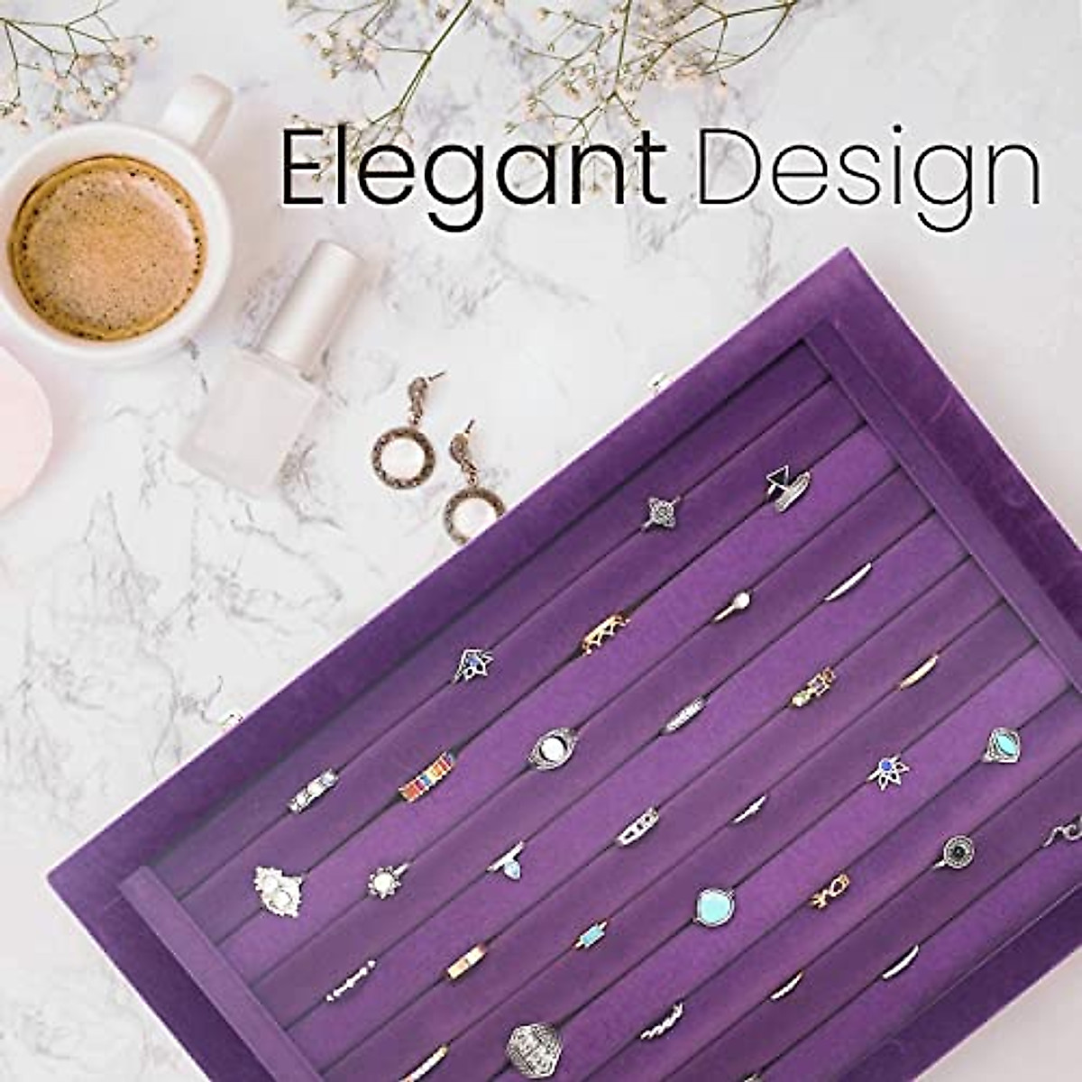 Ring Organizer Display Case ~ 11 Rows Multiple Ring Holder ~ Jewelry Tray Organizer With Studs ~ Ring & Earring Holder Storage Box For Shows With Transparent Lid (Purple)