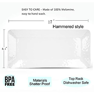 Set of 2 17 inch Melamine Serving Tray/Large Rectangular Serving Platters for Holiday Home Party,Break-Resistant and Lightweight,Hammered Finish(White Color)