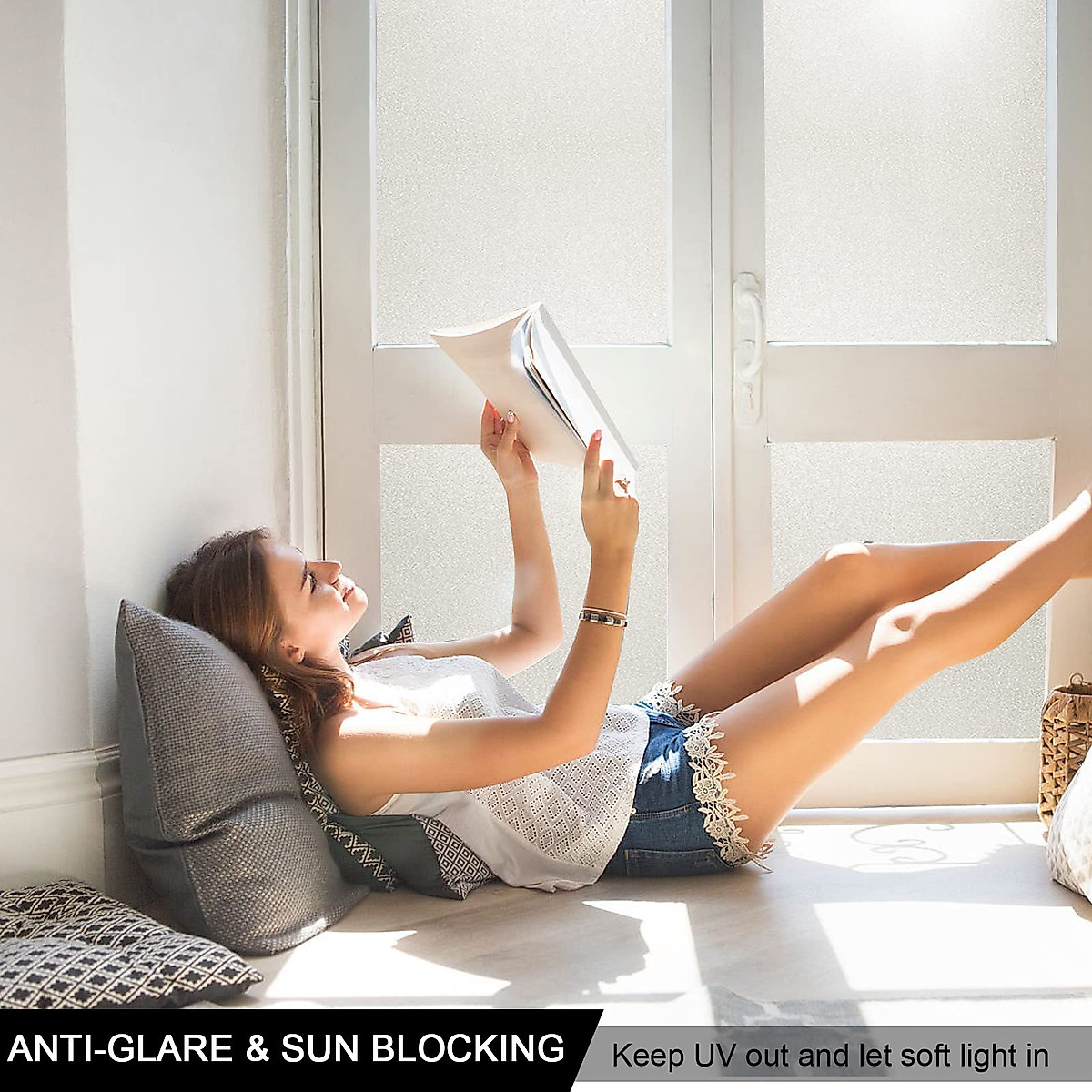 48 X 157.5inch Frosted Glass Window Film, Shackcom Bathroom Window Privacy Film - Non Adhesive Static Cling - Sun UV Blocking Heat Control Door Window Covering Decals for Home