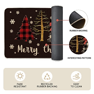Artoid Mode Buffalo Plaid Tree Gnomes Black Christmas Kitchen Rugs Set of 2, Winter Low-Profile Floor Mat Merry Home Decora for Floor - 17x29 and 17x47 Inch