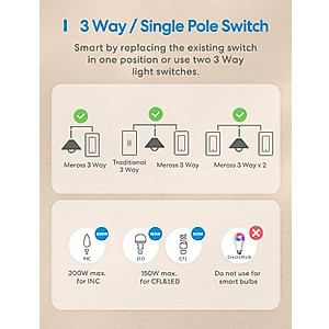 3 Way Smart Switch, Meross Smart Light Switch Supports Apple HomeKit, Siri, Alexa, Google Assistant & SmartThings, 2.4Ghz WiFi Light Switch Neutral Wire Required, Remote Control Timer 2 Pack