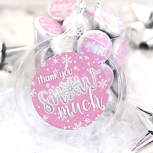 Pink Winter Onederland 1st Birthday Party Thank You Stickers, Pink Snowflake Thank You Snow Much - 40 Count