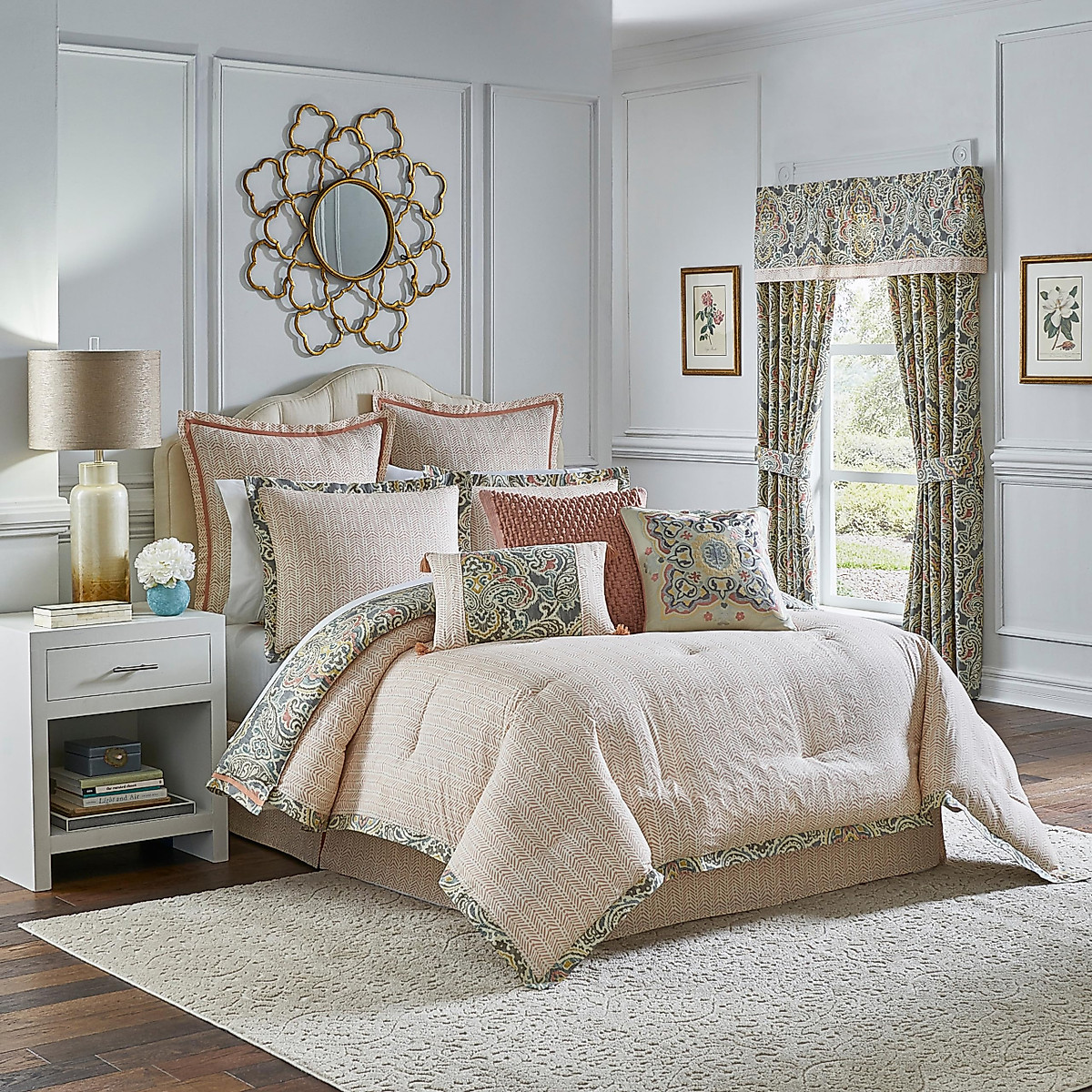 Waverly Artisanal Modern Farmhouse Damask 4 Piece Reversible Comforter Set, All Season Bedding, Includes One Comforter, One Bed Skirt and Two Pillow Shams, Machine Washable Full/Queen Bed Set, Mineral
