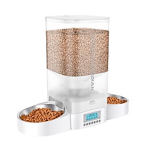 HoneyGuaridan Automatic Cat Feeder for Two Cats,5L Cat Food Dispenser with 2 Stainless Steel Bowl,Timed Cat Feeder Programmable 1-6 Meals Control, Dual Power Supply,Desiccant Bag,10s Meal Call(White)