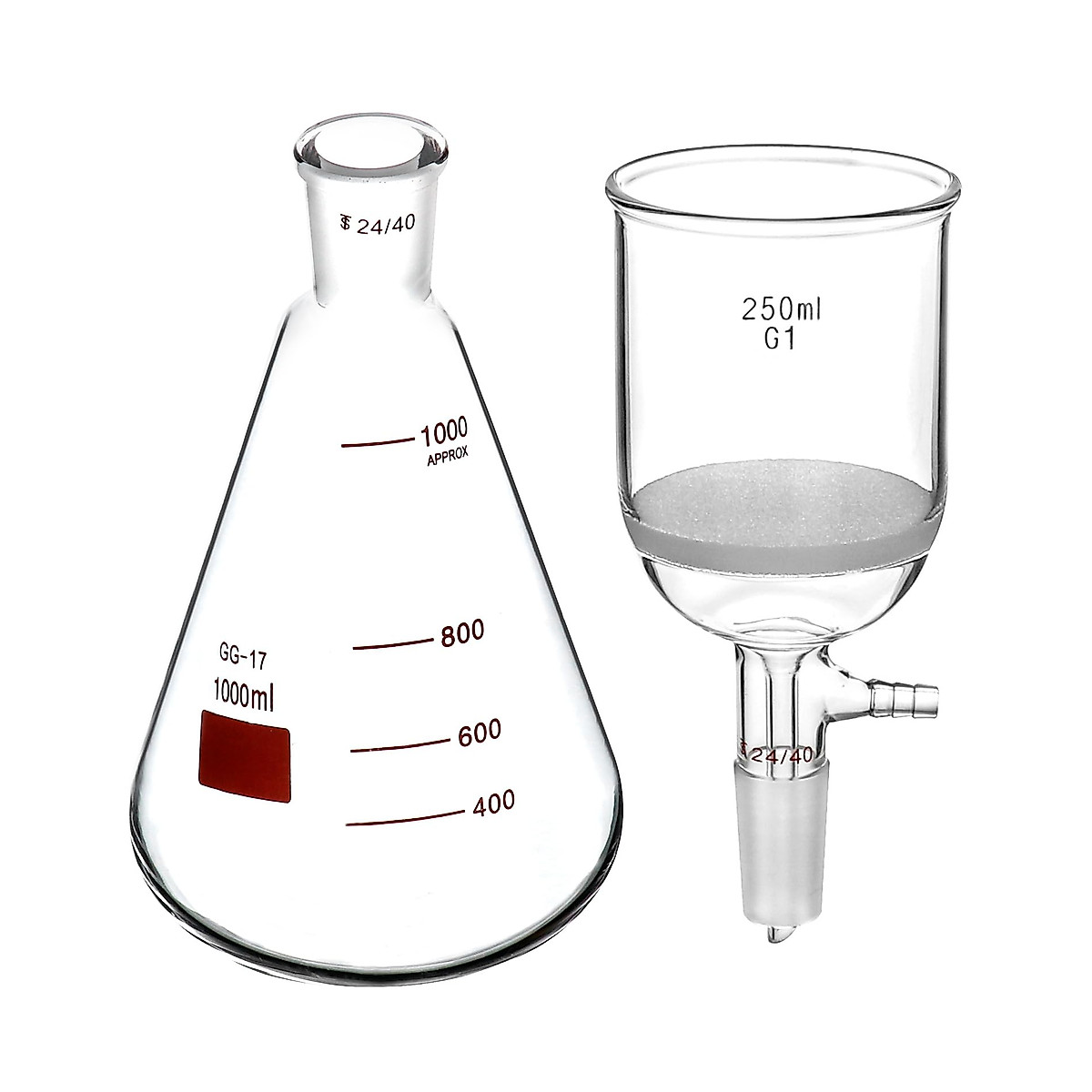 QWORK 250ml Glass Buchner Filtering Funnel and 1000 ml Erlenmeyer Flask, Thick Wall Flask with 24/40 Outer Joint