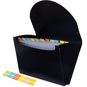EOOUT Expanding Organizer File Folder, 13 Pockets Letter Size Accordion File Organizer with Labels Black Portable Folders for A4 Documents Storage Business Office and School Supplies