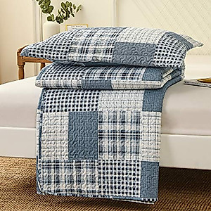 Green Essen Blue White Plaid Quilts King Size Lightweight Patchwork Quilt Soft Breathable Check Bedspread Gingham Bedding Checker Pattern Coverlet Bed Cover Set Geometric Home Decor