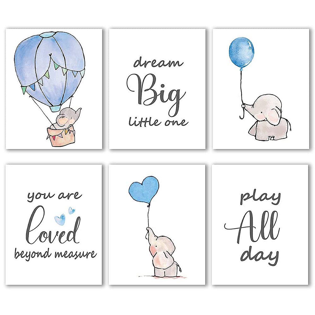 IIILUYOT Inspirational Elephant Decor, Baby Boy Nursery Wall Art Prints, Cute Elephant Nursery Wall, Dream Big Little One Decorations for Kids Nursery Boys Girls Room Set of 6 (8”X10”) Unframed
