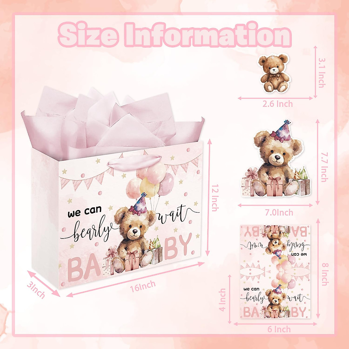 16" Large Baby Girl Gift Bag, 3D Making Pink Bear Baby Gift Bag with Handle, Tissue Paper and Greeting Card