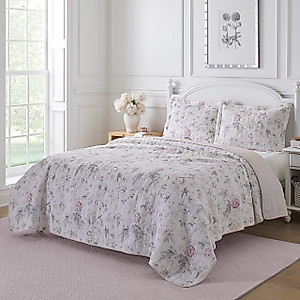 Laura Ashley - Queen Quilt Set, Reversible Cotton Bedding with Matching Shams, Lightweight Home Decor for All Seasons (Breezy Floral Pink/Grey, Queen)