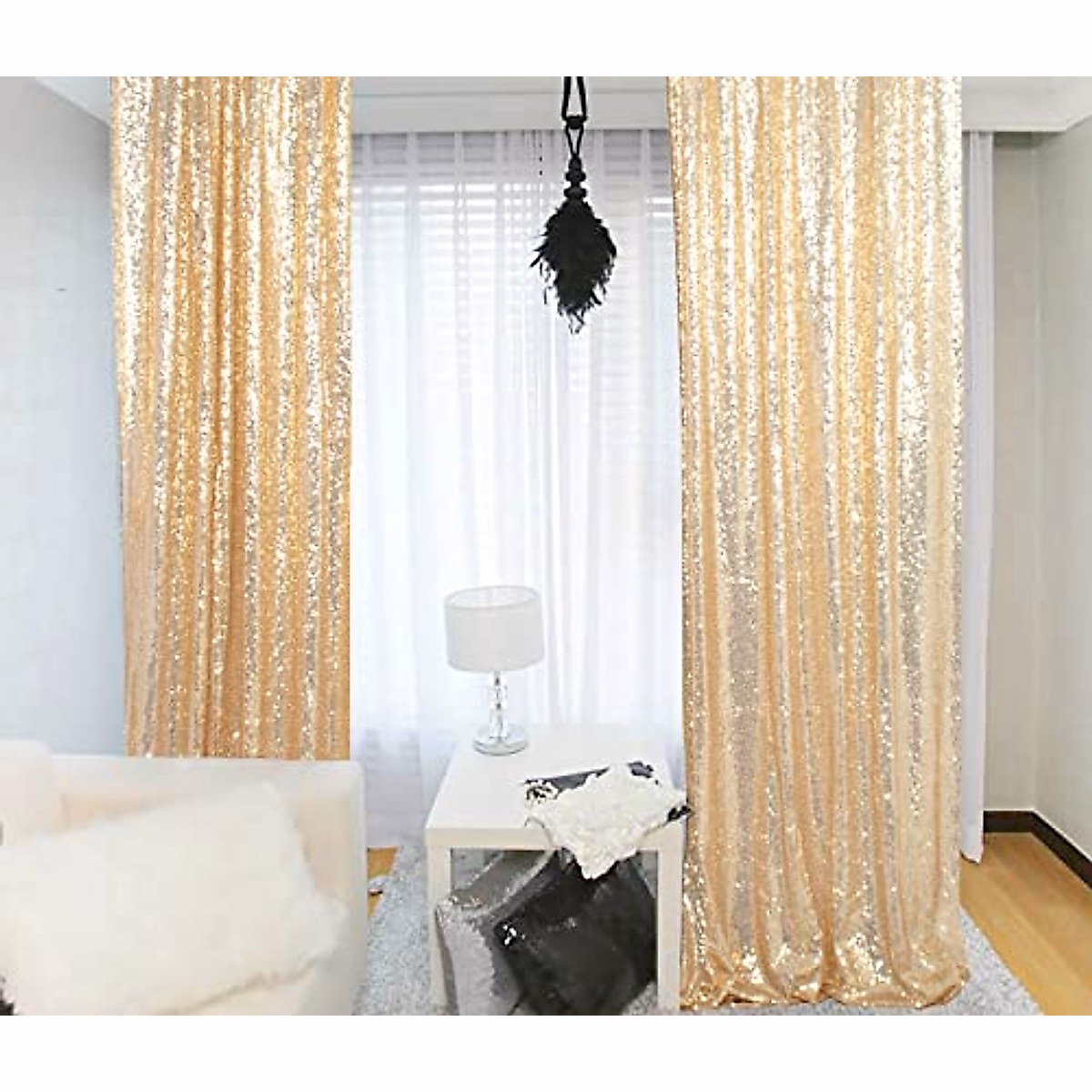Sequin Curtains 2 Panels 4x10ft Light Gold Shimmer Fabric Window Wall Curtains Drapes Wedding Backdrop Gold Fabric Liner Glitter Curtain Drapes Photo Booth Background Christmas Party Backdrop