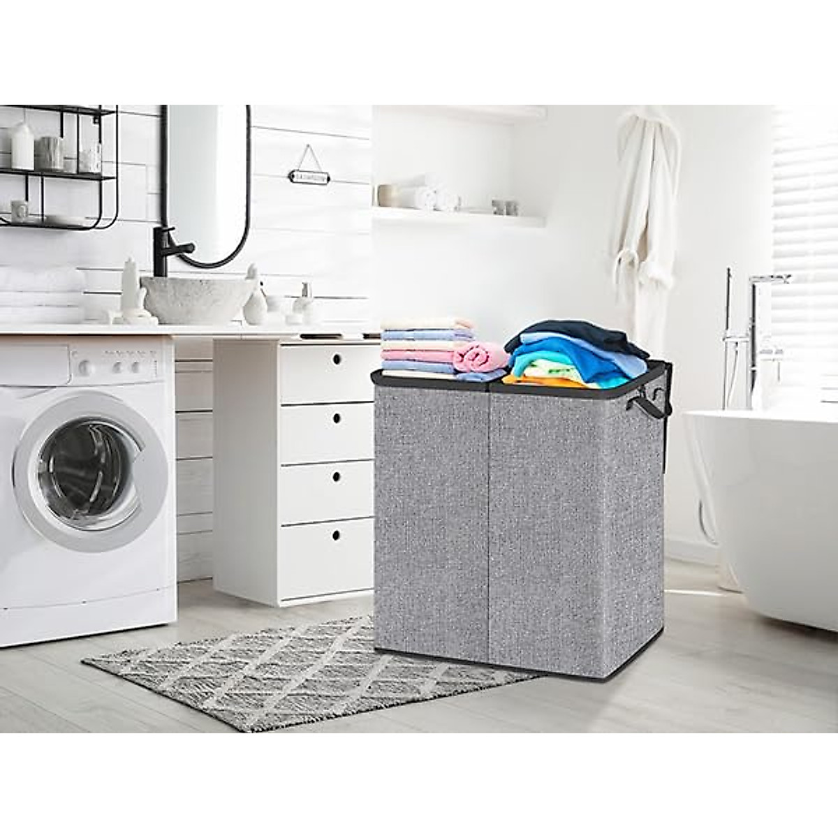 Pheswisom 150 L Extra Large Laundry Hamper with Lid, Double Laundry Hamper 2 Section with Removable Bags, Dirty Clothes Hamper for Storage Sorter, Dual Laundry Hamper for Bedroom, College, Dorm, Grey