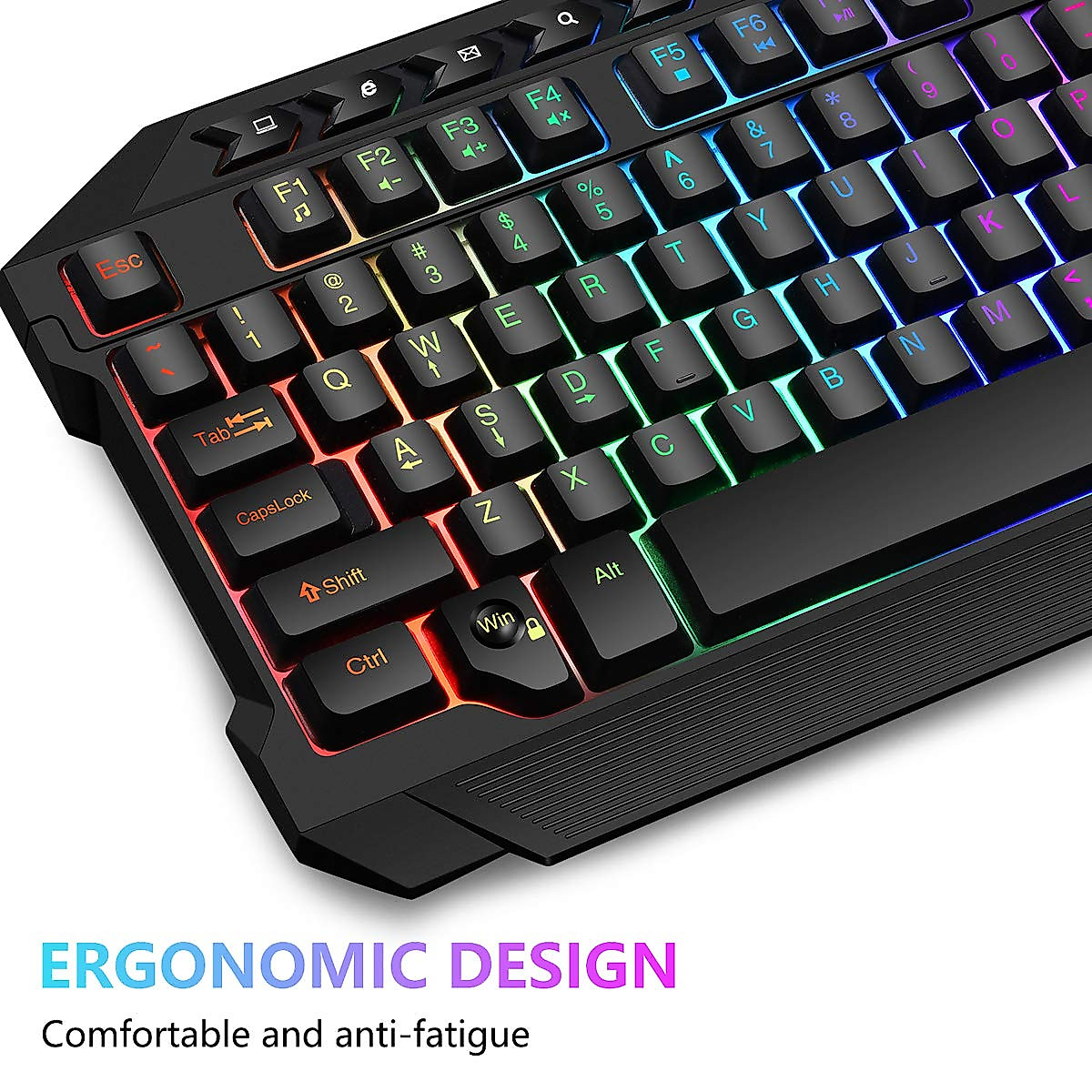 BAKTH Multiple Color LED Rainbow Backlit Wired Gaming Keyboard and Mouse Combo, USB Ergonomic Computer Keyboard with 7 Colors 3600DPI 6 Button Mouse for PC Windows Mac Game and Work