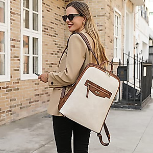 CLUCI Leather Laptop Backpack for Women 15.6 inch Computer Bag Travel Business Daypack Coarse grain beige with brown