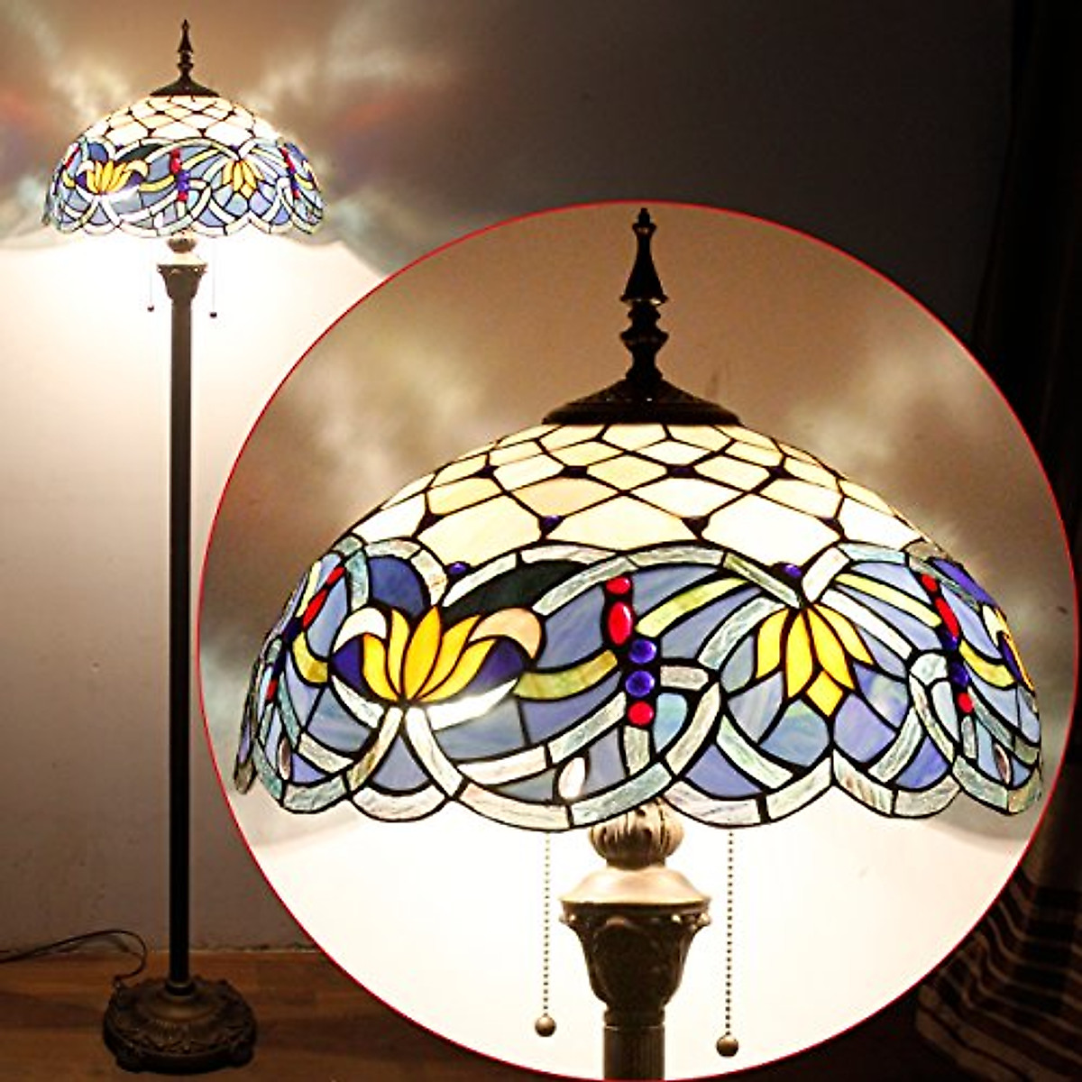 WERFACTORY Tiffany Floor Lamp Blue Lotus Stained Glass Flower Standing Reading Light 16X16X64 Inches Antique Pole Corner Lamp Decor Bedroom Living Room Home Office S220 Series