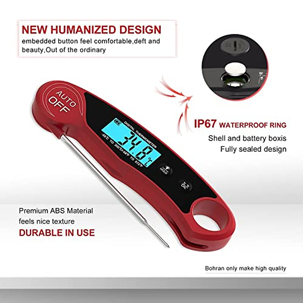 Bohran Digital Meat Thermometer,Instant Read Food Thermometer for Kitchen Cooking Grilling Smoker, with Fast&Accurate, Waterproof,Magnet,Backlight,and Folding Probe for BBQ, Turkey,Oven,Deep Fry