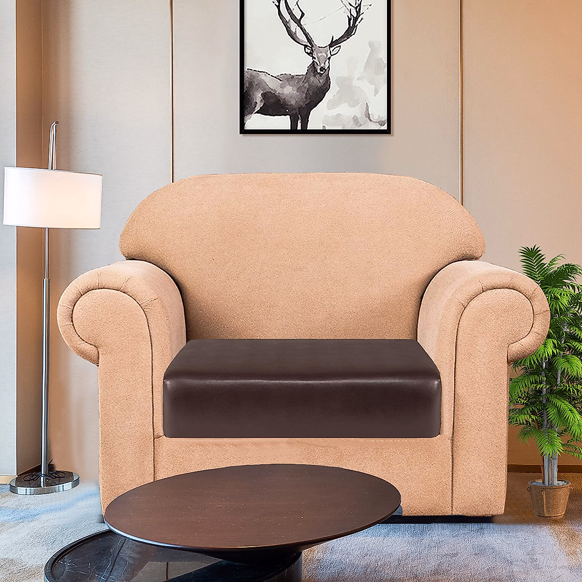 Faux Leather Couch Cushion Covers, Waterproof Sofa Cushion Slipcovers, Elastic RV Chair Seat Covers for Settee Seater, PU Leather Sofa Slipcovers Replacement Living Room (Chair Cushion, Chocolate)