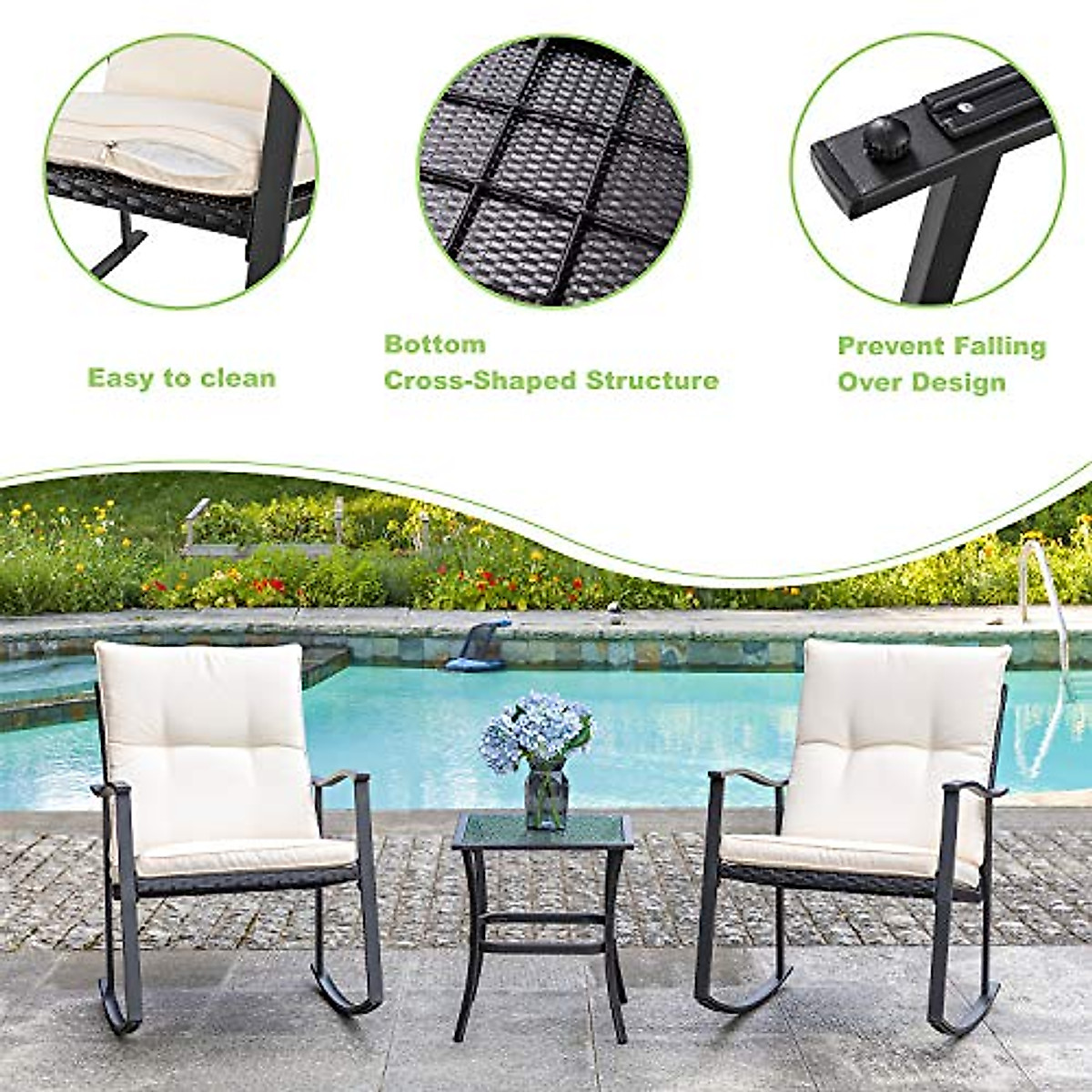 Vongrasig 3 Piece Outdoor Rocking Chair Set, PE Wicker Rattan Small Patio Rocking Bistro Set, Front Porch Furniture Rocking Chairs Set of 2, Cushioned Patio Rocker Chair Set with Glass Table (Beige)