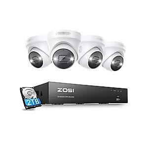 ZOSI 4K Spotlight PoE Security Camera System with Person Vehicle Detection,2 Way Audio,Color Night Vision,8 Port 16CH 8MP NVR with 2TB HDD,4pcs 5MP Outdoor PoE IP Cameras for Home 24/7 Recording