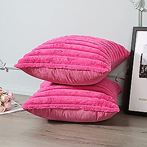 Soleebee Set of 2 Throw Pillow Covers Soft Cozy Velvet Pillowcase Faux Rabbit Fur Cover for Couch Sofa Bed Chair Home Decorative Pillows Cover (18x18 Inch, HOT Pink)