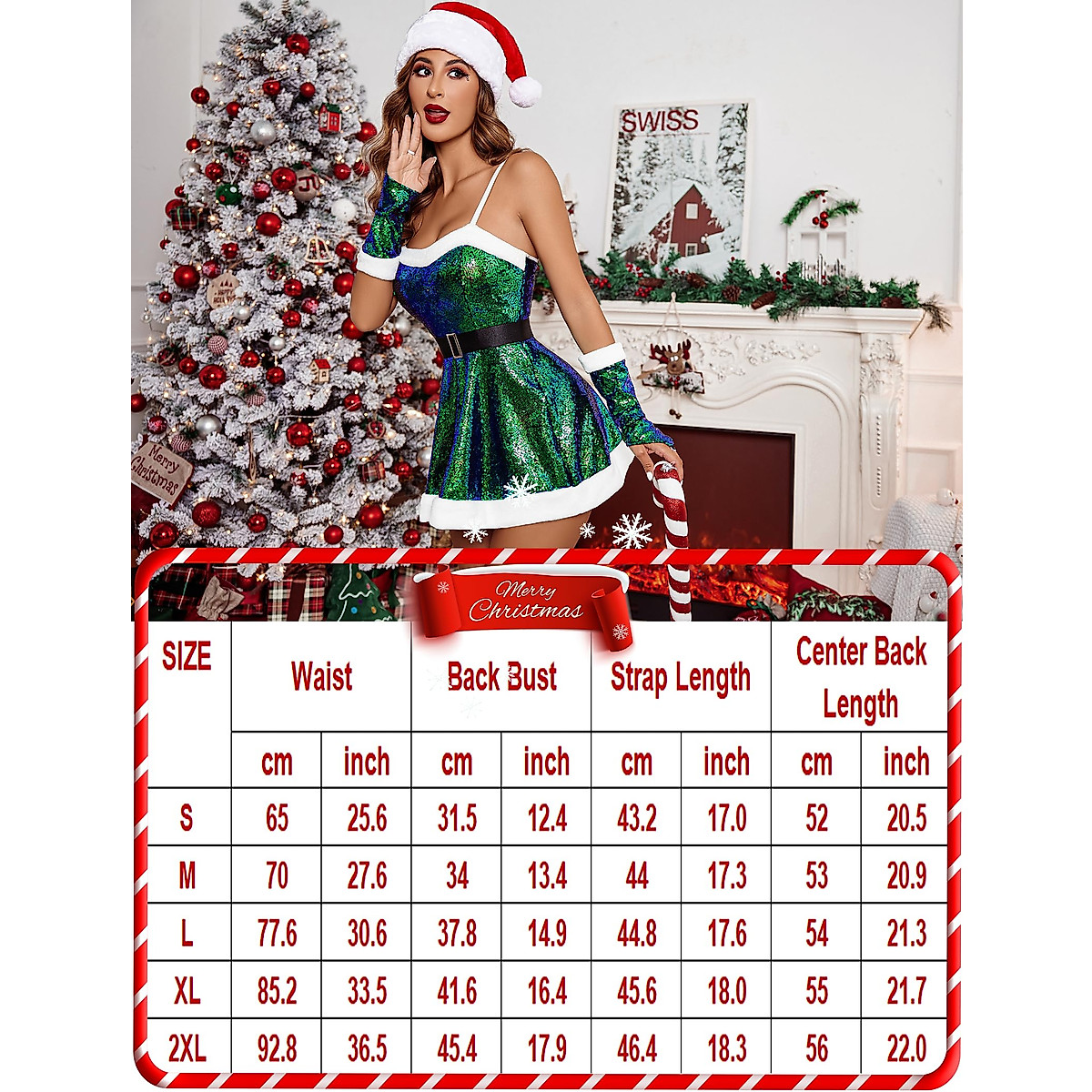 Avidlove Women's Christmas Lingerie Green Santa Babydoll Sequin Lingerie Dress Holiday Lingerie for Xmas Multicolor M