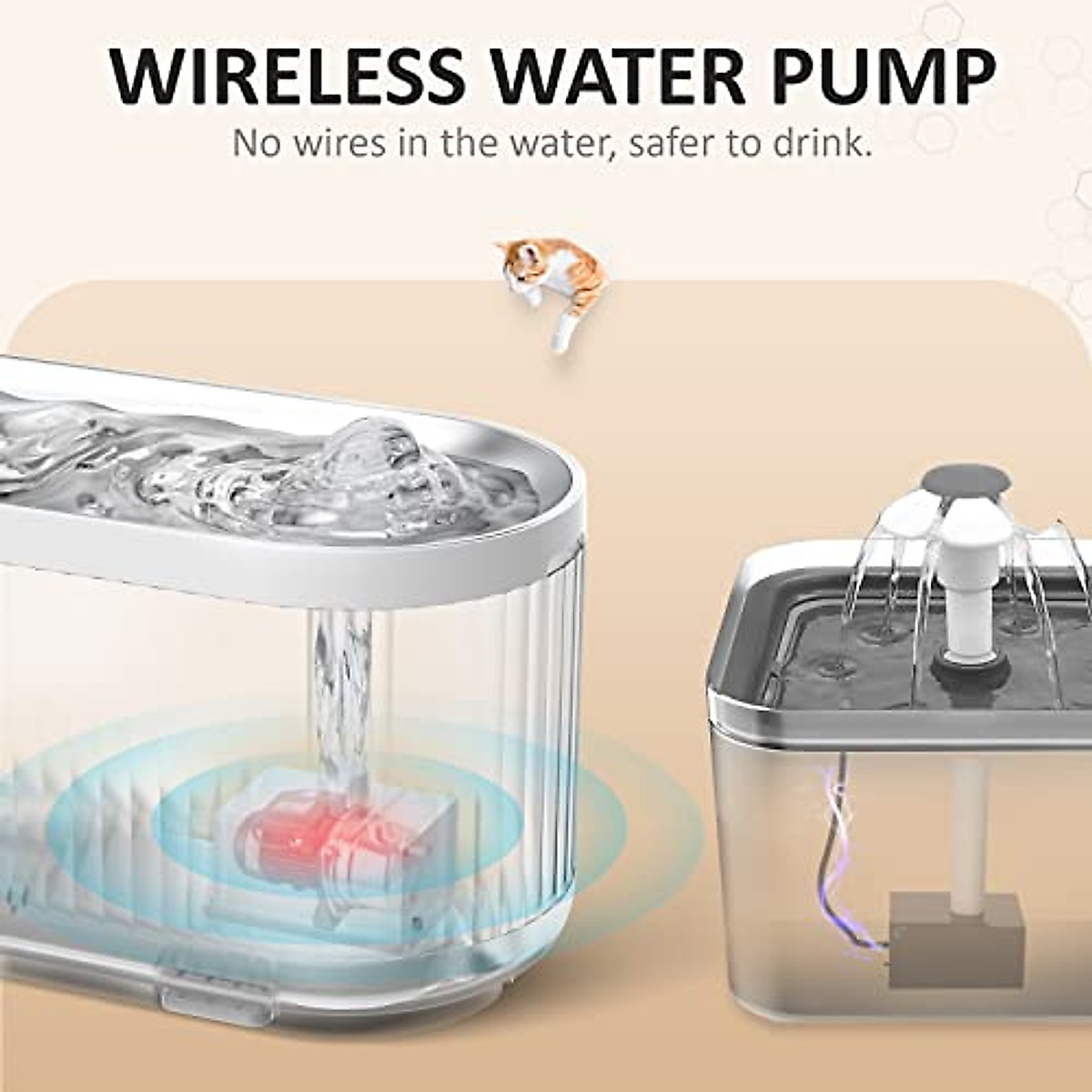 BaoLin Cat Water Fountain with Wireless Pump 3L/100oz, Ultra Quiet Pet Fountain with Stainless Steel Water Bowl, BPA-Free, Water Filter Included, Large Cat Drinking Fountain