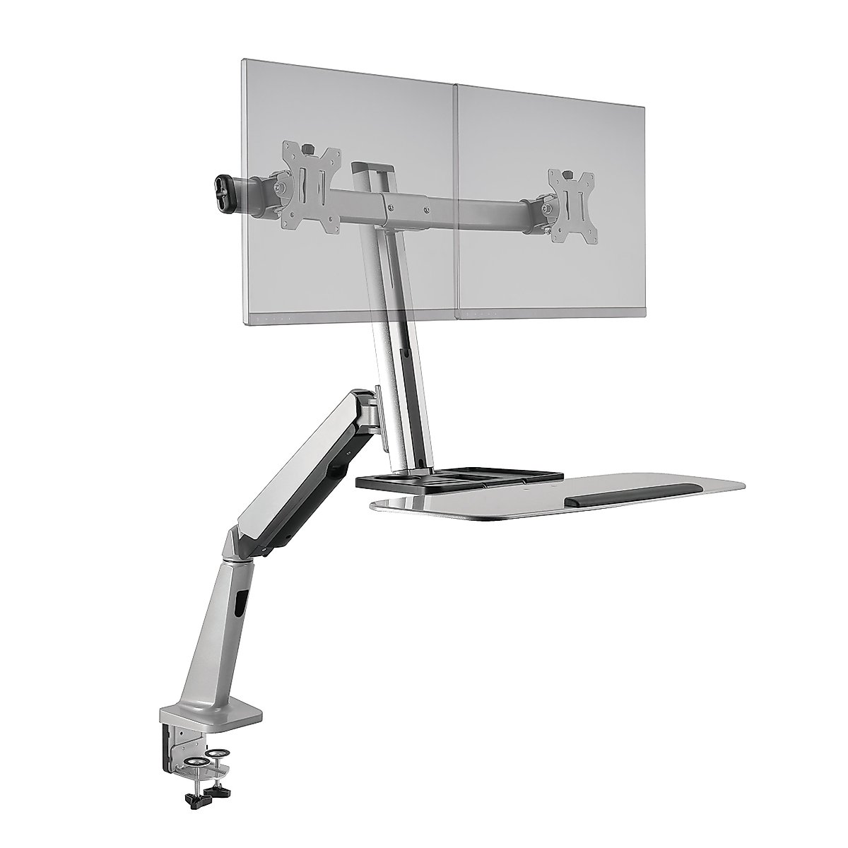 Ergotech Freedom Lift | Includes Dual Monitor Sit and Stand Workstation for Computer Monitor Screens and Clamp Mount | Full-Motion Swivel, Tilt and Rotation for Different Reading Angles | Silver