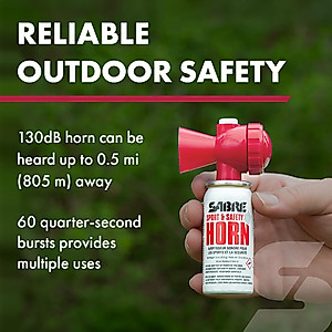 SABRE Sport and Safety Horn, 130 dB Air Horn, 60 ¼ Second or 25 ½ Second Bursts, Audible Up To 1/2-Miles (804-Meters), Perfect for Use at Sporting Events, Boating, Camping, Hiking