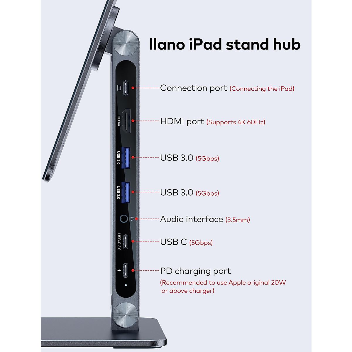 Magnetic Stand Hub for iPad Pro 11 inch, Aluminum Alloy iPad Stand for Desk with Docking Station, Adjustable Holder with 4K@60Hz HDMI, 100W PD, USB 3.0 and 180° Adjustable 360° Rotatable