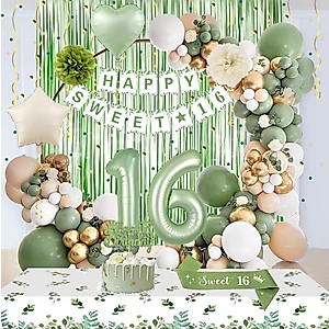 Sweet 16 Party Decorations, Sage Green 16th Birthday Decorations for Girls Sweet 16 Birthday Banner Green Gold Balloons Crown Sash Fringe Curtain Tablecloth Cake Topper for Girls 16th Birthday Decor