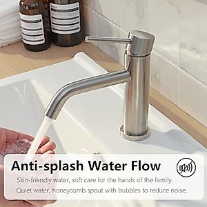 BATHLAVISH Bathroom Sink Faucet Brushed Nickel Single Hole Single Handle Modern Vanity Lavatory Mixer Tap RV Deck Mounted with Pop Up Drain with Overflow Combo