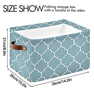 Moroccan Tile Lattice Storage Basket Blue White Storage Organizer Box Bin Large Collapsible Cube Baskets with PU Handles for Shelf Closet Nursery Laundry 1 Pack