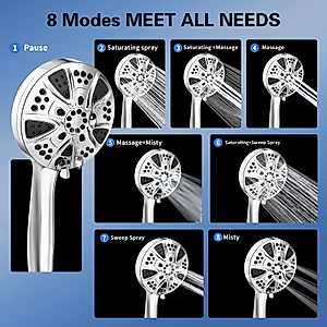 Shower Head, High Water Pressure Handheld Showerhead With 5 ft Stainless Steel Hose and Adjustable Bracket Combo, 8 Mode Hand Heads Can Power Wash to Dathroom, Tub, Corner, Tile