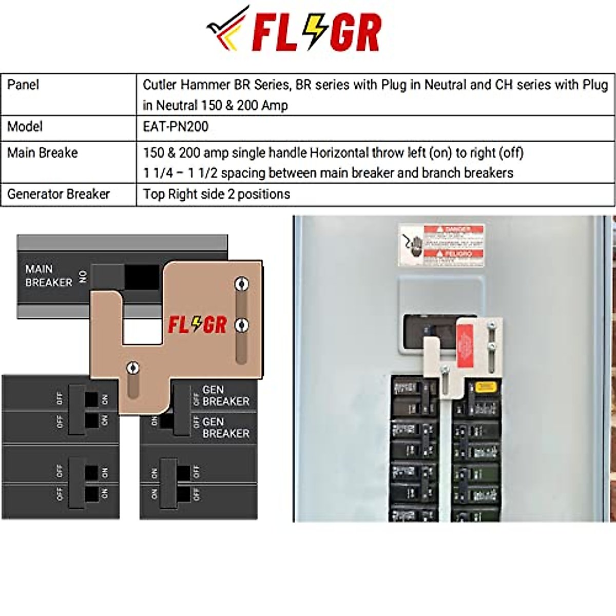 Generator Interlock Kit Compatible with Eaton Cutler Hammer Generator BR and CH Series 150 or 200 Amp Panel, 1 1/4–1 7/16" Spacing Between Main Breaker and Generator Circuit Breakers