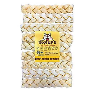 Woofley's 6" Buffalo Beef Cheek Braids Regular - (20 Count)- Beef Cheek Dog Chews - No Hide Bones for Dogs