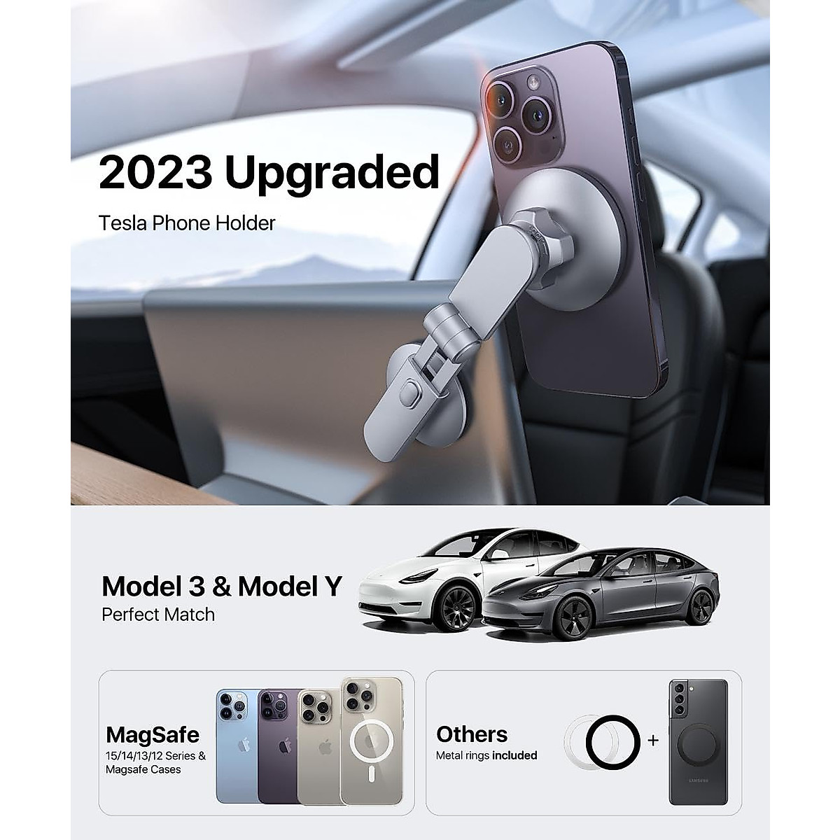 andobil Tesla Phone Mount for Model 3 Model Y [Powerful Magnet, No Residue Adhesive] Stable Tesla Magsafe Phone Holder, Tesla Model 3 Accessories, Tesla Model Y Accessories 2024, Fits for iPhone & All
