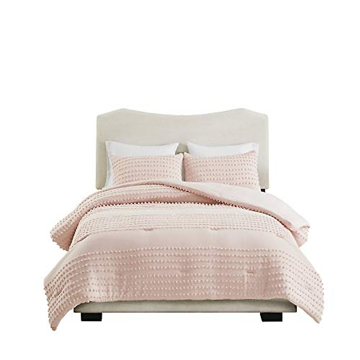 Comfort Spaces 100% Comforter Set Cotton Jacquard Pom Tufts Design Hypoallergenic Down Alternative, All Season Modern Bedding, Matching Shams, Full/Queen, Phillips, Blush