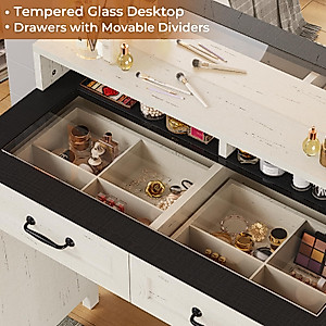 HAUOMS Farmhouse Vanity, 56.9” Western Makeup Desk with Mirror, Power Outlet, 11 Lights, Large Barn Dresser Vanity Table, Big Glass Top, 5 Drawers, Cabinet Storage, Antique White