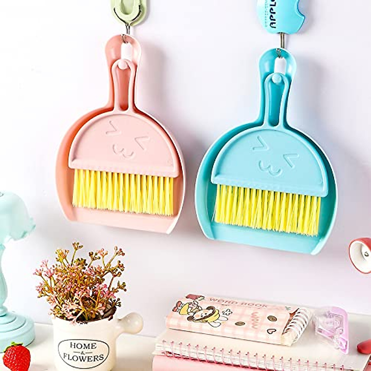 WUWEOT 9 Pack Small Broom and Dustpan Set, Clean Dust Pans with Brush, Hand Whisk Broom and Snap-on Dustpan Set with Hanger Hole