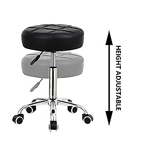 KKTONER Round Rolling Stool Chair PU Leather Height Adjustable Shop Stool Swivel Drafting Work SPA Salon Stools with Wheels Office Chair (Black)
