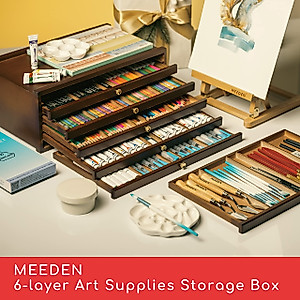 MEEDEN 6-Drawer Art Supply Storage Box - Large Capacity Multi-Function Beech-Wood Pencil Box with Drawer & Compartments for Organizing Pastels, Pencils, Pens, Markers, Brushes & Stamp, Walnut