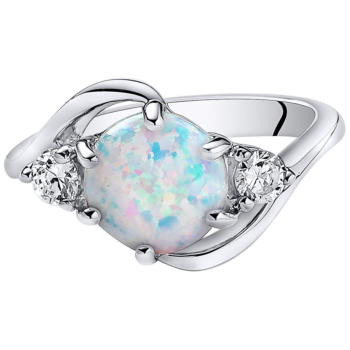 PEORA Created White Fire Opal Ring for Women 925 Sterling Silver, Stunning 3-Stone Design, 1.75 Carats Round Shape 8mm, Size 7