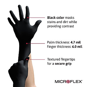 Microflex MidKnight MK-296 Disposable Nitrile Gloves for Automotive, Law Enforcement w/Full Texture - Medium, Black (Case of 1000)